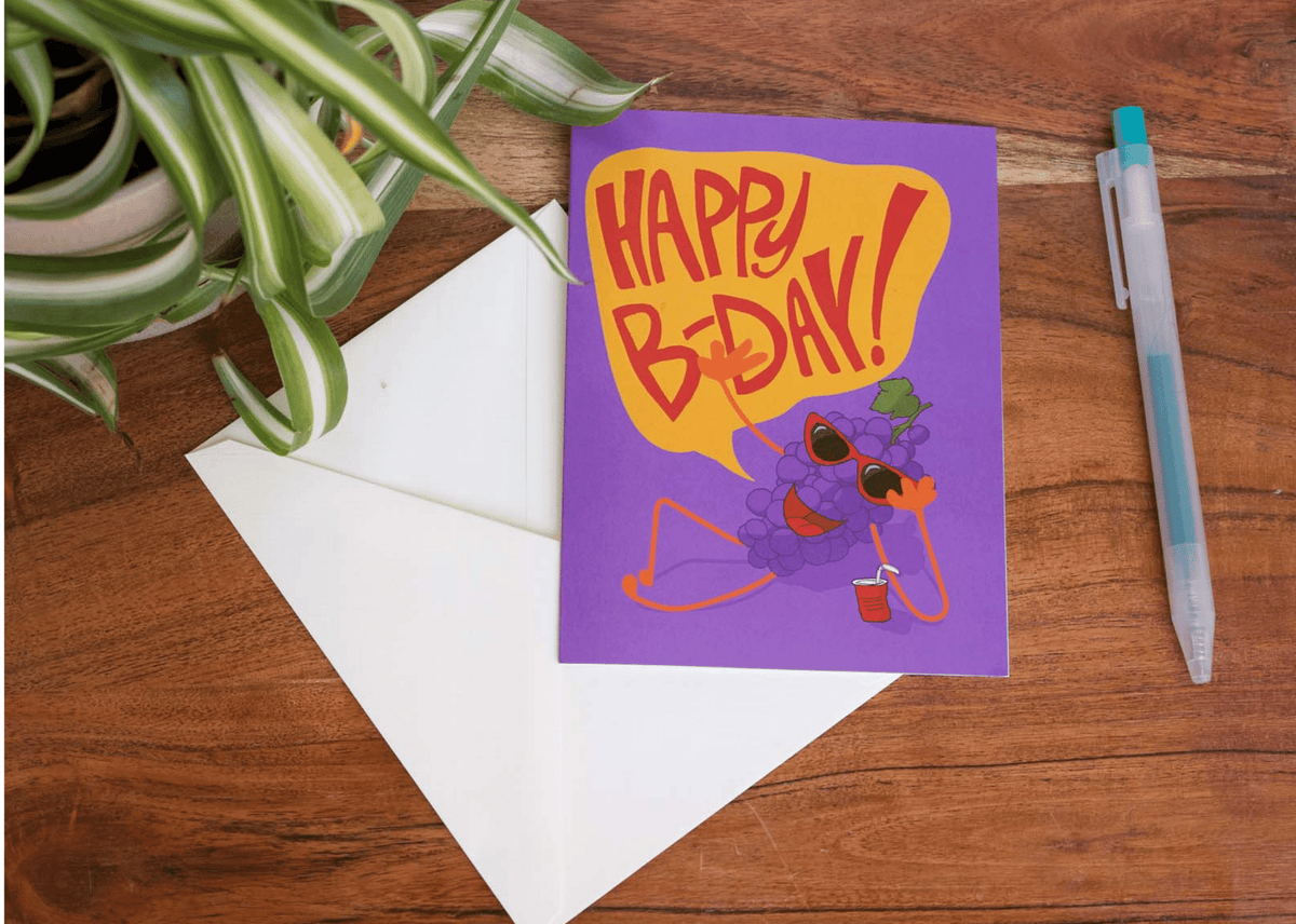 Cute purple grape, Happy Birthday Greeting Card – Recipes To The Rescue